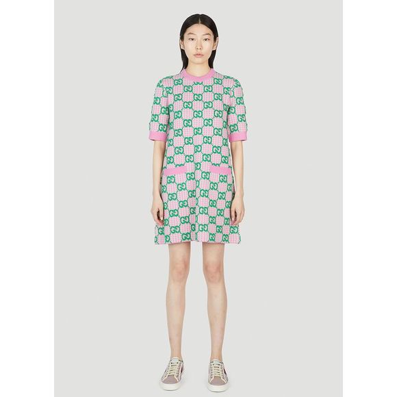 Gucci | Dresses | Gucci Gg Jacquard Short Sleeve Dress In Pink | Poshmark
